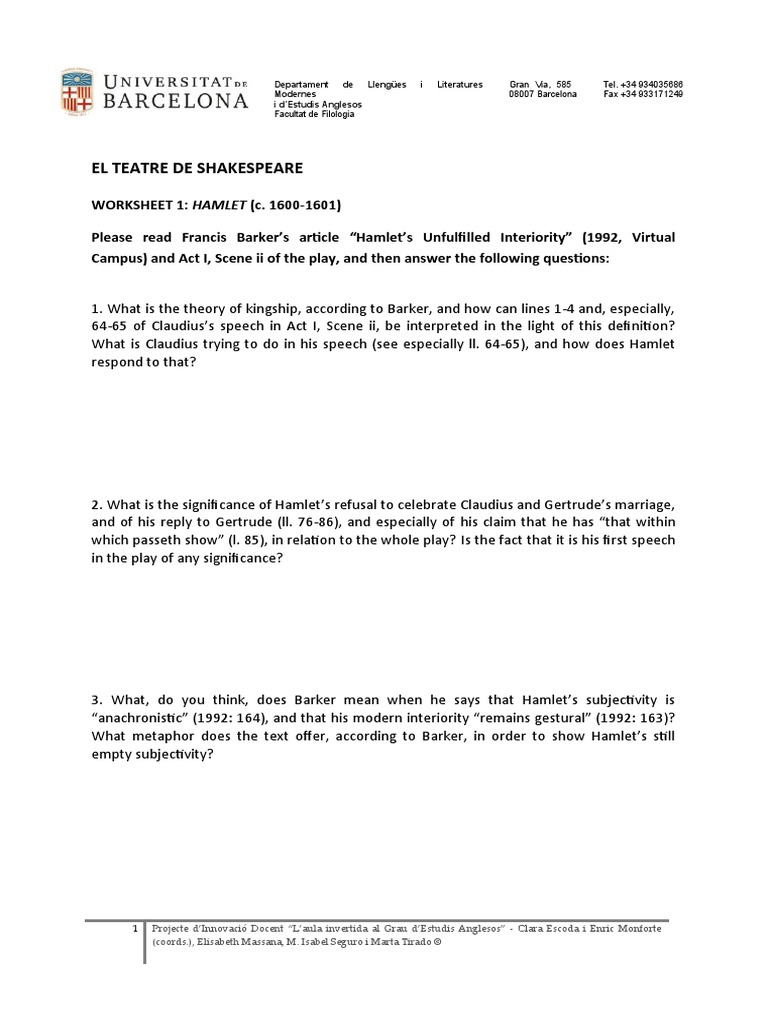 Worksheet 1 - Hamlet. Students | PDF
