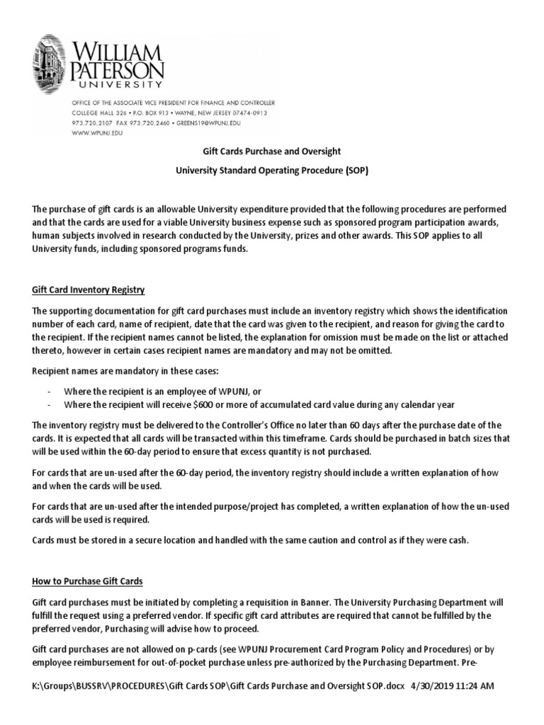 Gift Cards Purchase and Oversight SOP | PDF | Gift Card | Gift