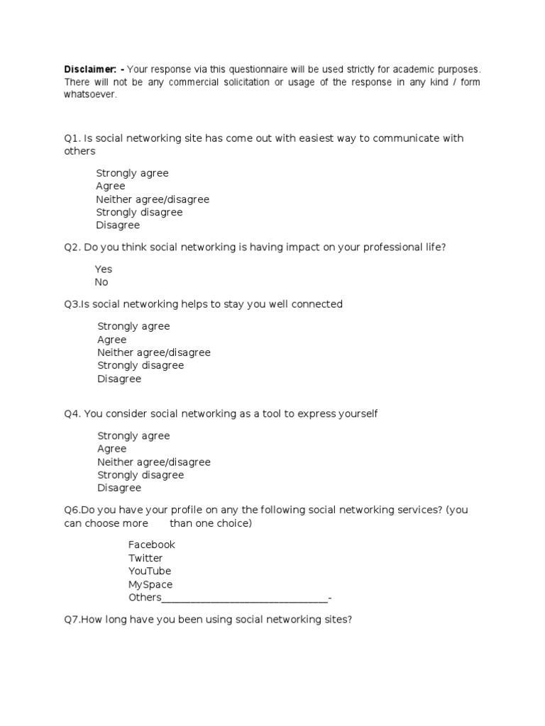 Social Networking Impact Questionnaire | PDF