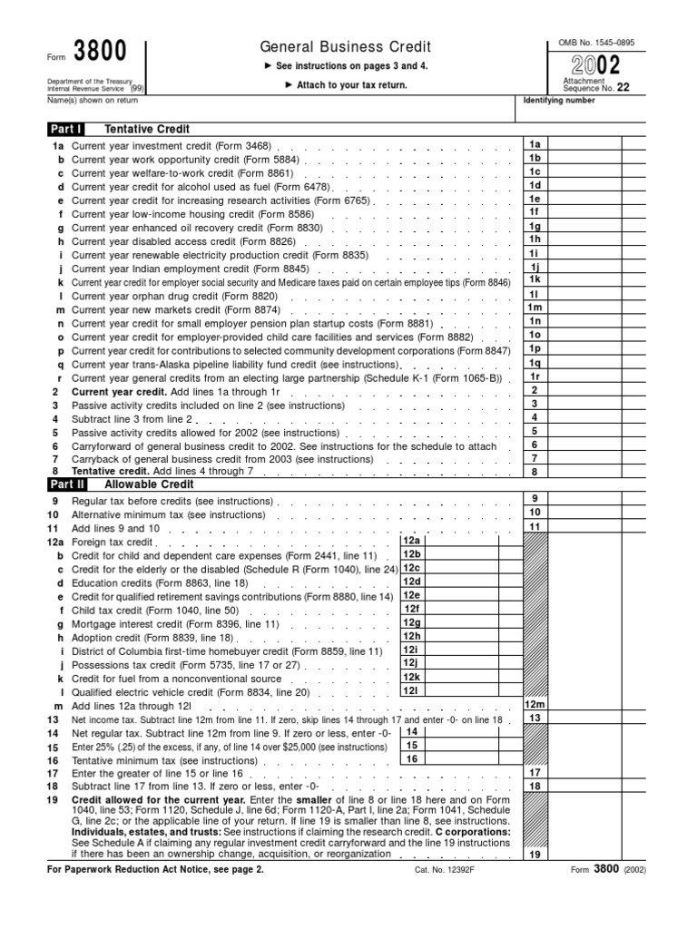 General Business Credit Form 3800 Guide | PDF | Internal Revenue ...
