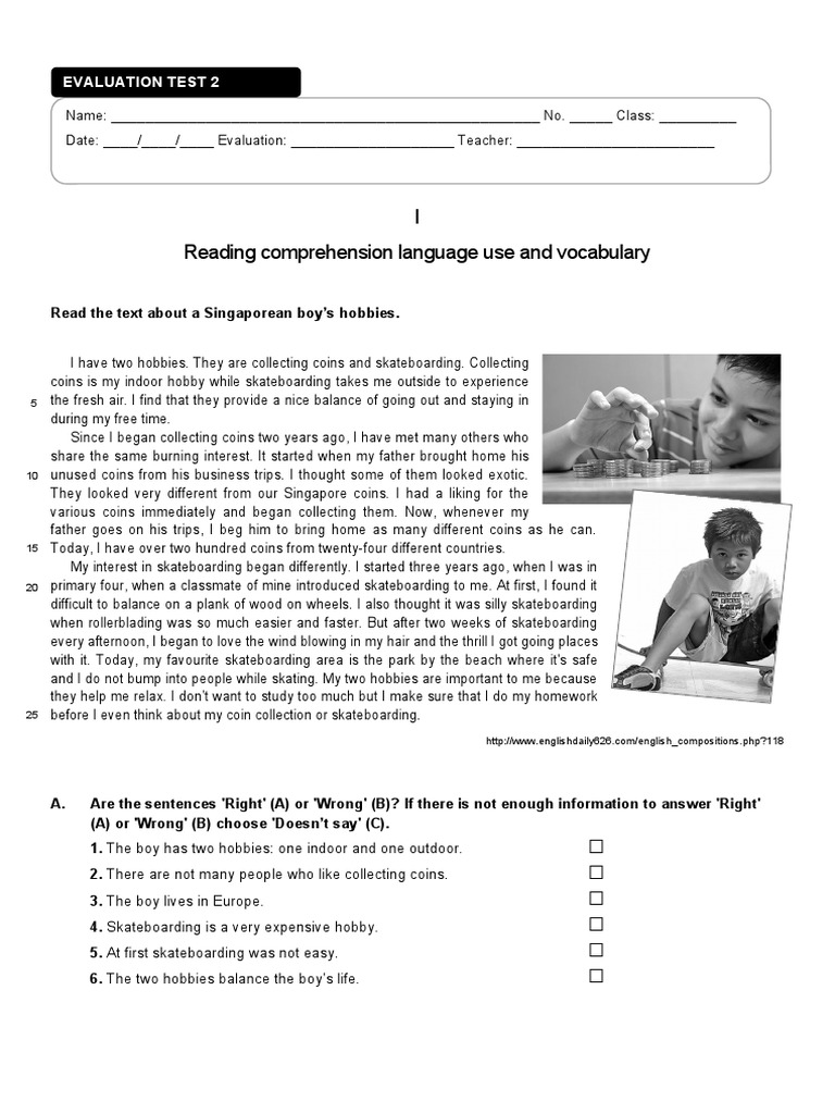 I Reading Comprehension Language Use and Vocabulary: Evaluation Test 2 ...