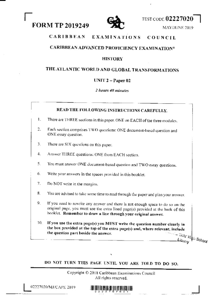 CAPE History Unit 2 Paper 2019 | PDF