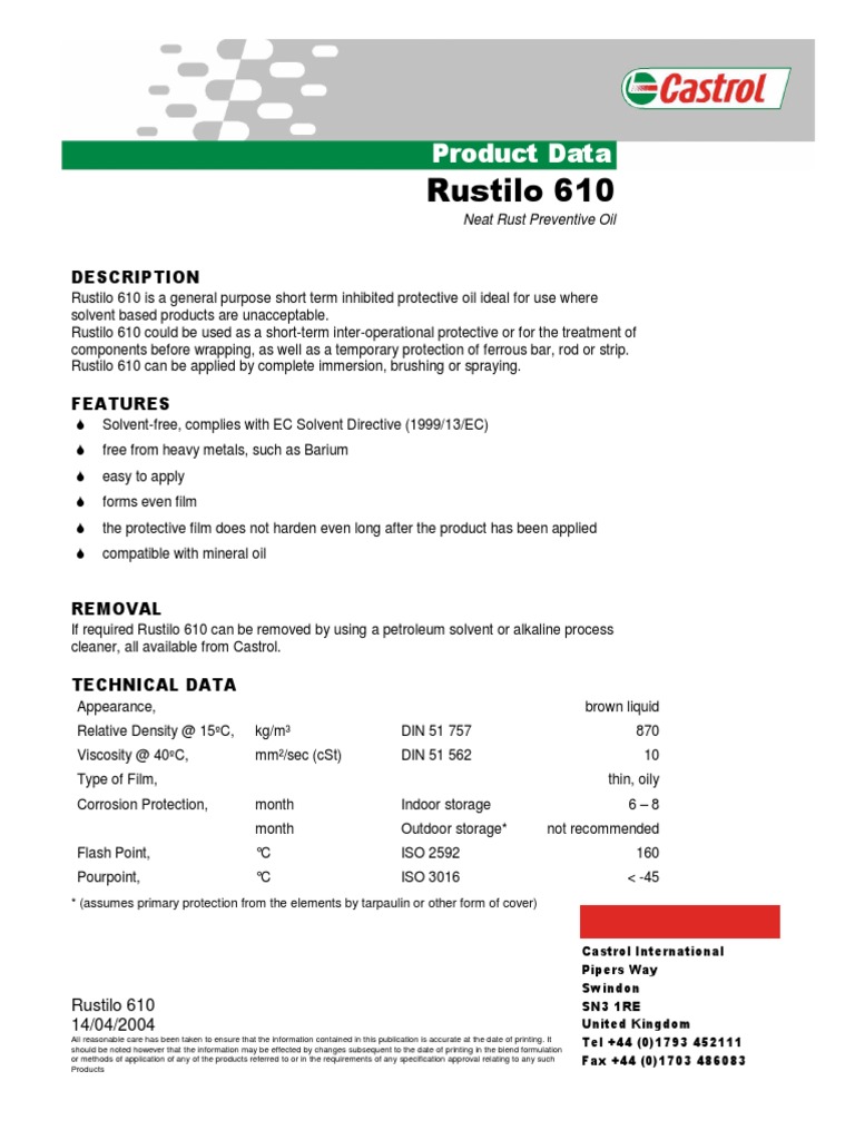 Castrol Rustilo 610 Tds | PDF | Viscosity | Chemistry