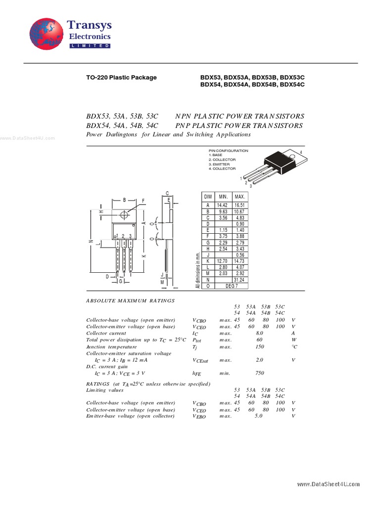 Bdx53a Transys | PDF | Bipolar Junction Transistor | Semiconductors