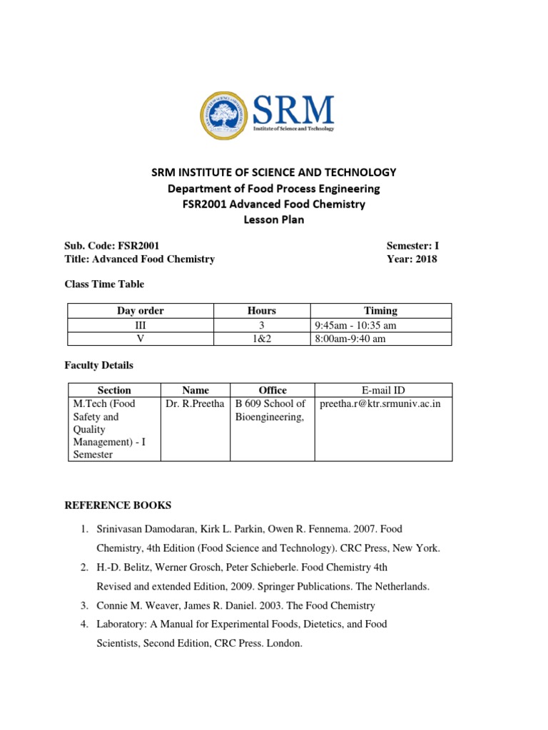 SRM Institute of Science and Technology Department of Food Process ...