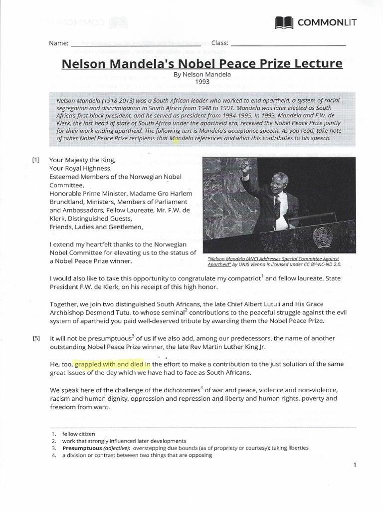 Nelson Mandela's Peace Prize Speech Common Lit | PDF