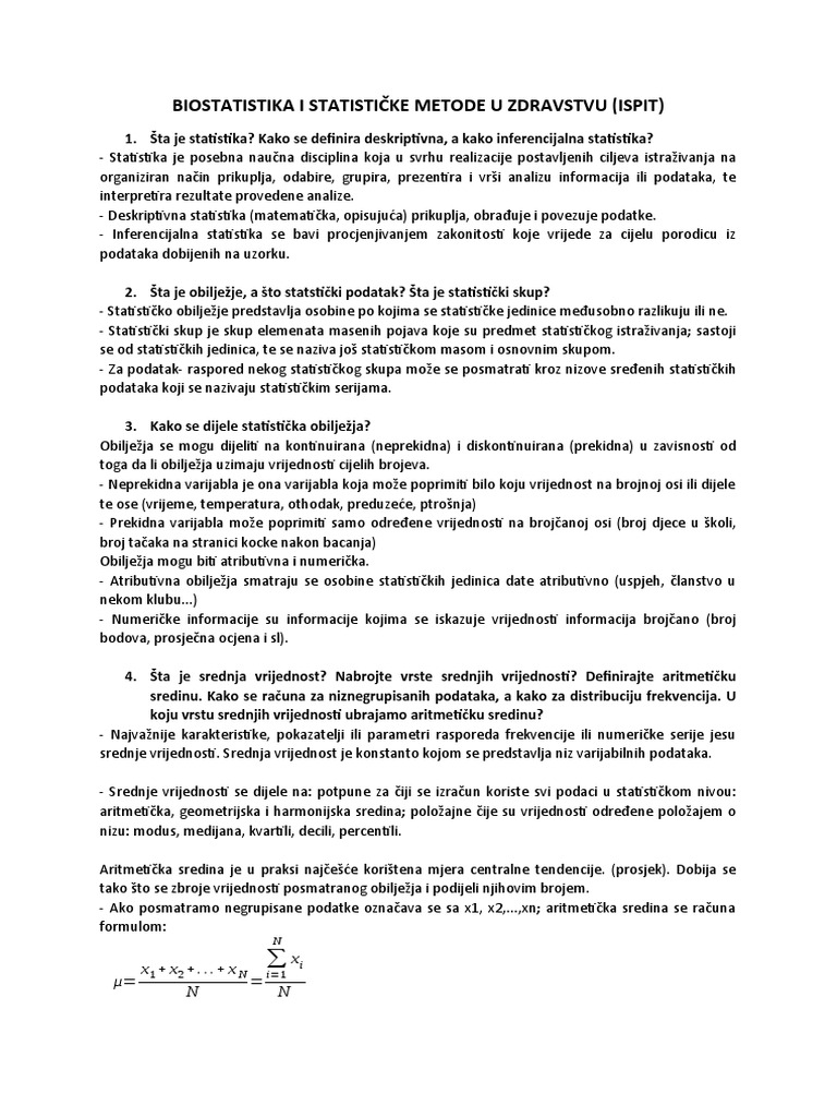 Biostatistika I Statističke Metode U Zdravstvu (Ispit) : μ= x x N x N | PDF