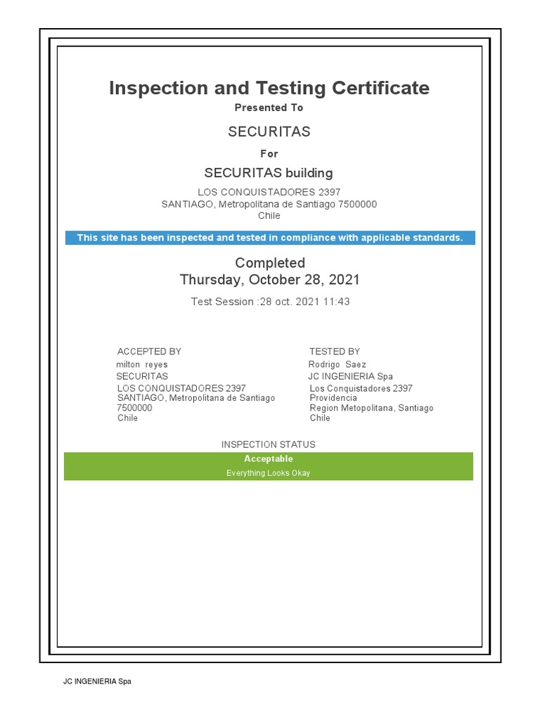 Inspection and Testing Certificate: Securitas | PDF | Computing | Safety