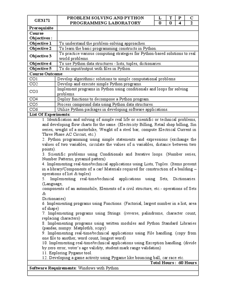 GE3171 - Python Lab Syllabus | PDF | Python (Programming Language ... GE3171 - Python Lab Syllabus | PDF | Python (Programming Language ...