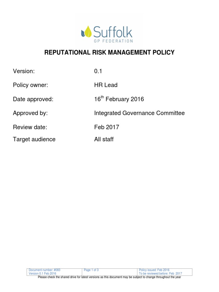 Reputational Risk Management Policy - 083 - v1.0 | PDF | Reputation | Risk