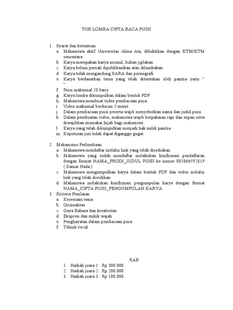 Lomba Cipta Baca Puisi Mahasiswa 2023 | PDF