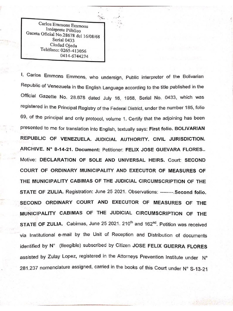 Declaration of Sole and Universal Heirs | PDF