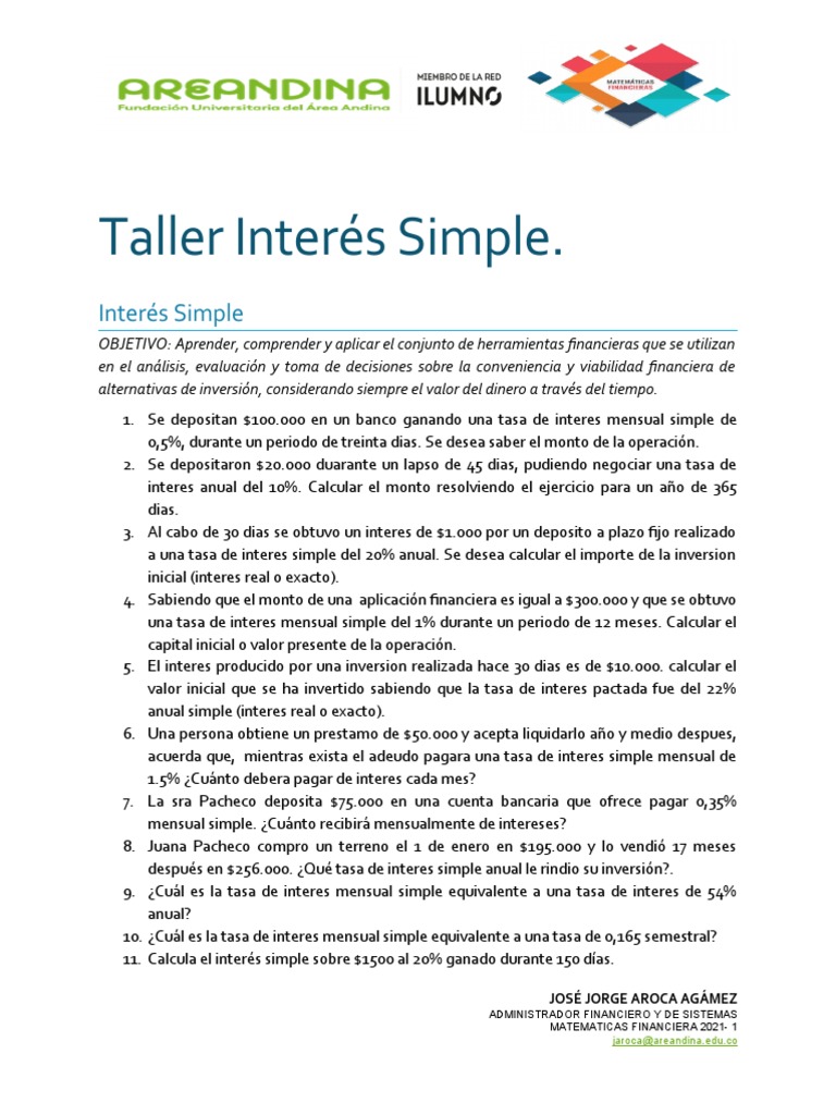 Taller Interes Simple Andina | PDF | Interés | Tasas de interés