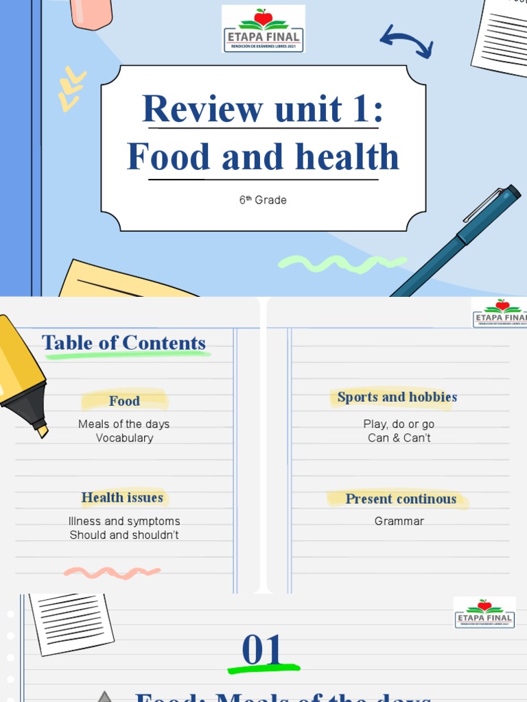 Review Unit 1: Food and Health: 6 Grade | PDF | Meal | Cuisine