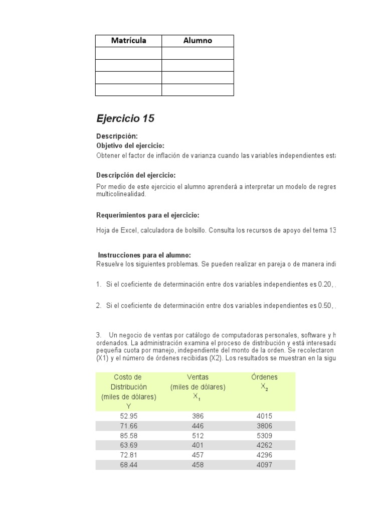 Ejercicio 15 | PDF | Coeficiente de determinación | Multicolinealidad