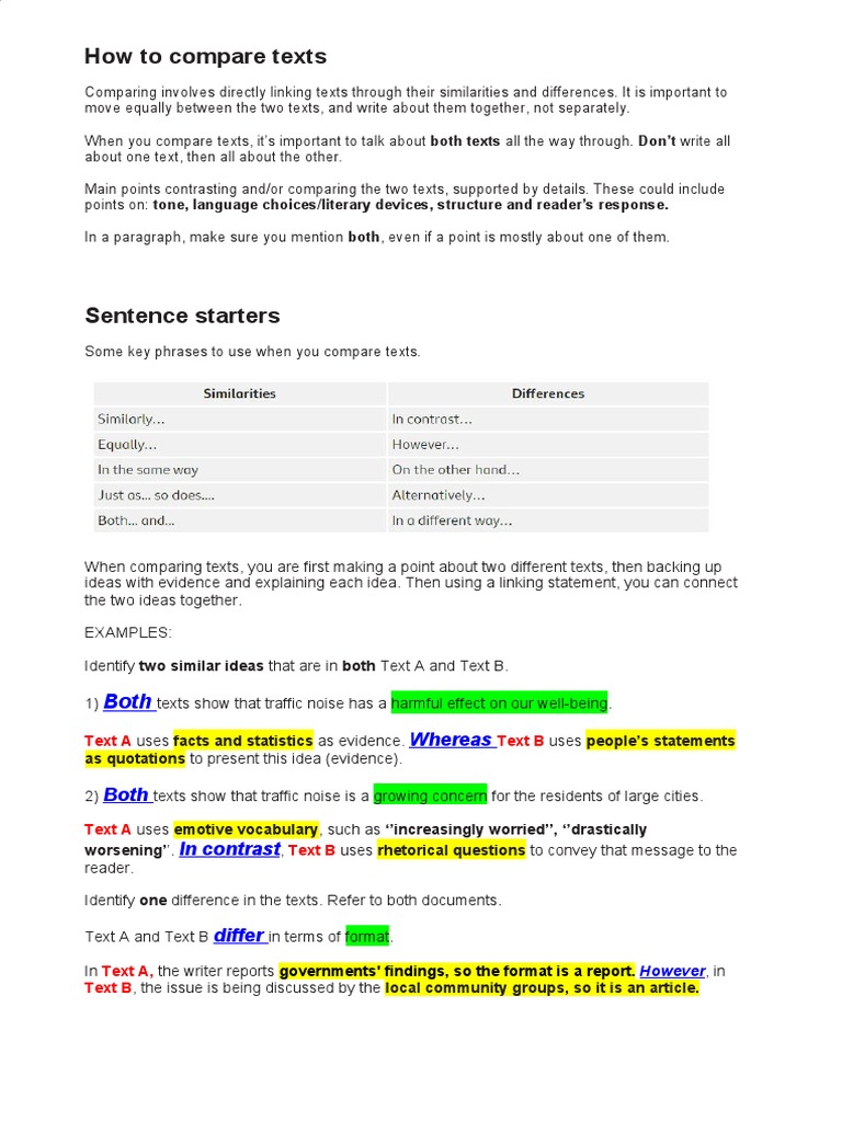 Comparing Texts EXAMPLES | PDF