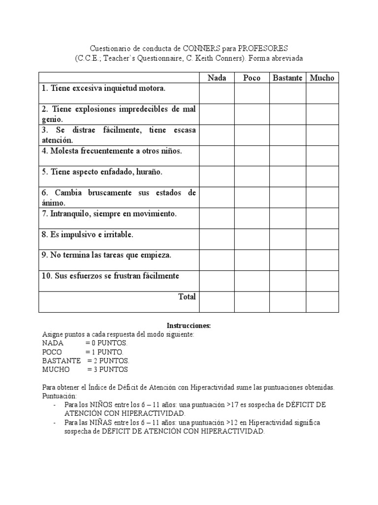 Test de Conners | PDF | Desorden hiperactivo y deficit de atencion