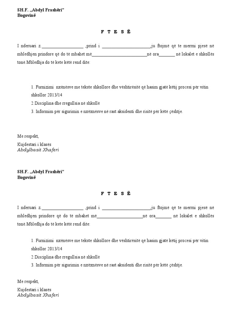 Ftese Per Mbledhje Prindore | PDF