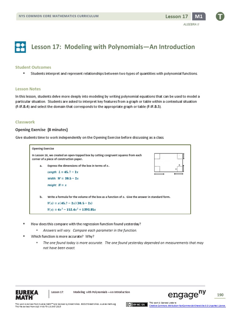 Lesson 17: Modeling With Polynomials-An Introduction: Student Outcomes | PDF | Function ...