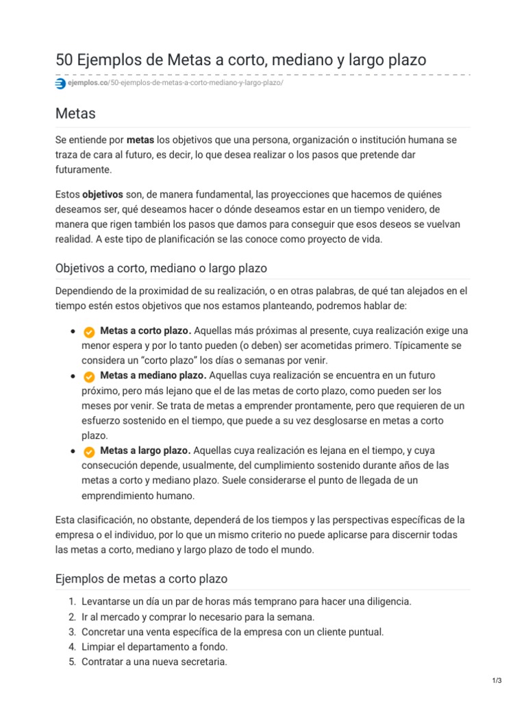 50 Ejemplos de Metas A Corto Mediano y Largo Plazo | PDF | Planificación