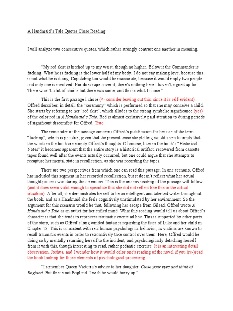 A Handmaid's Tale Close Reading of Selected Extracts With Teacher ...