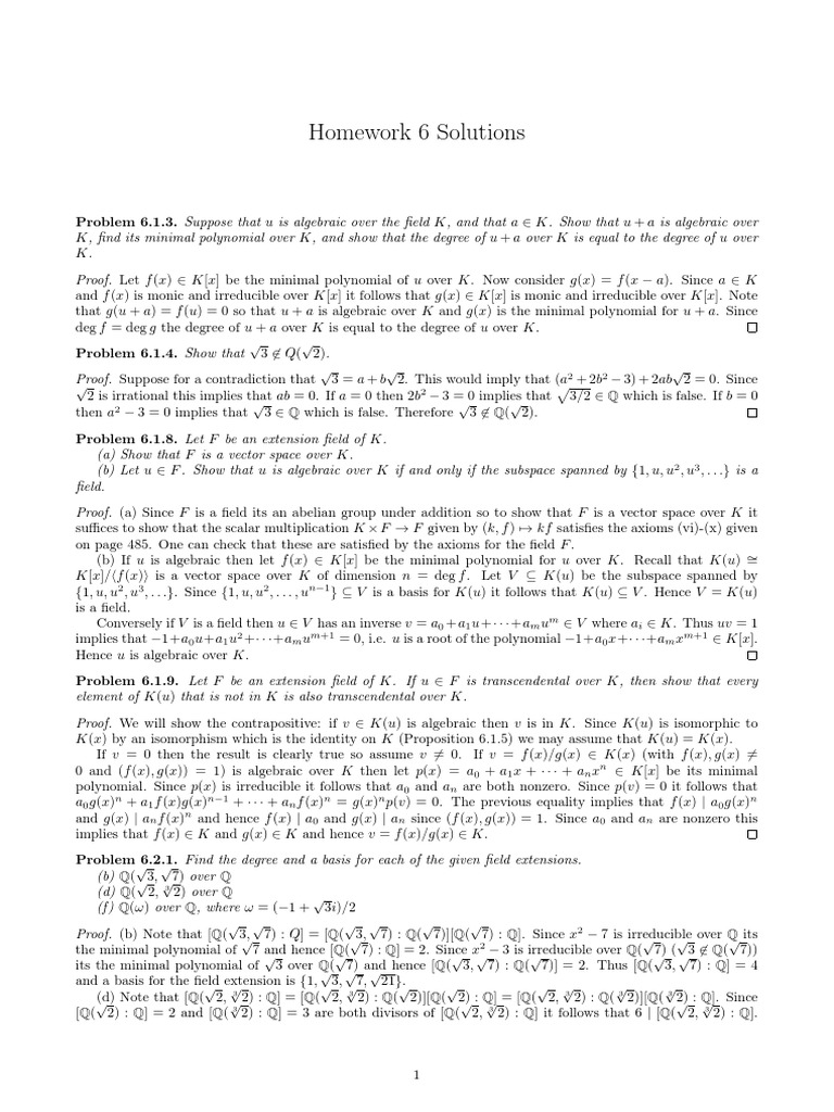 Homework 6 Solutions | PDF | Field (Mathematics) | Linear Subspace