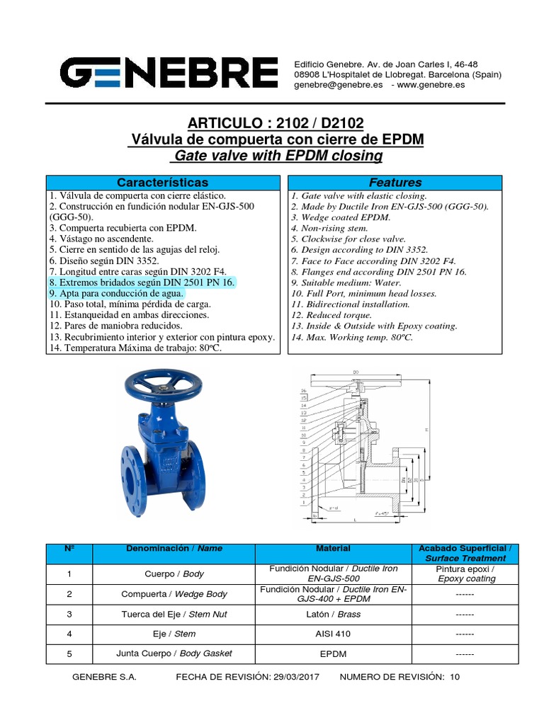 ARTICULO: 2102 / D2102 Válvula de Compuerta Con Cierre de EPDM | PDF | Materiales de ...