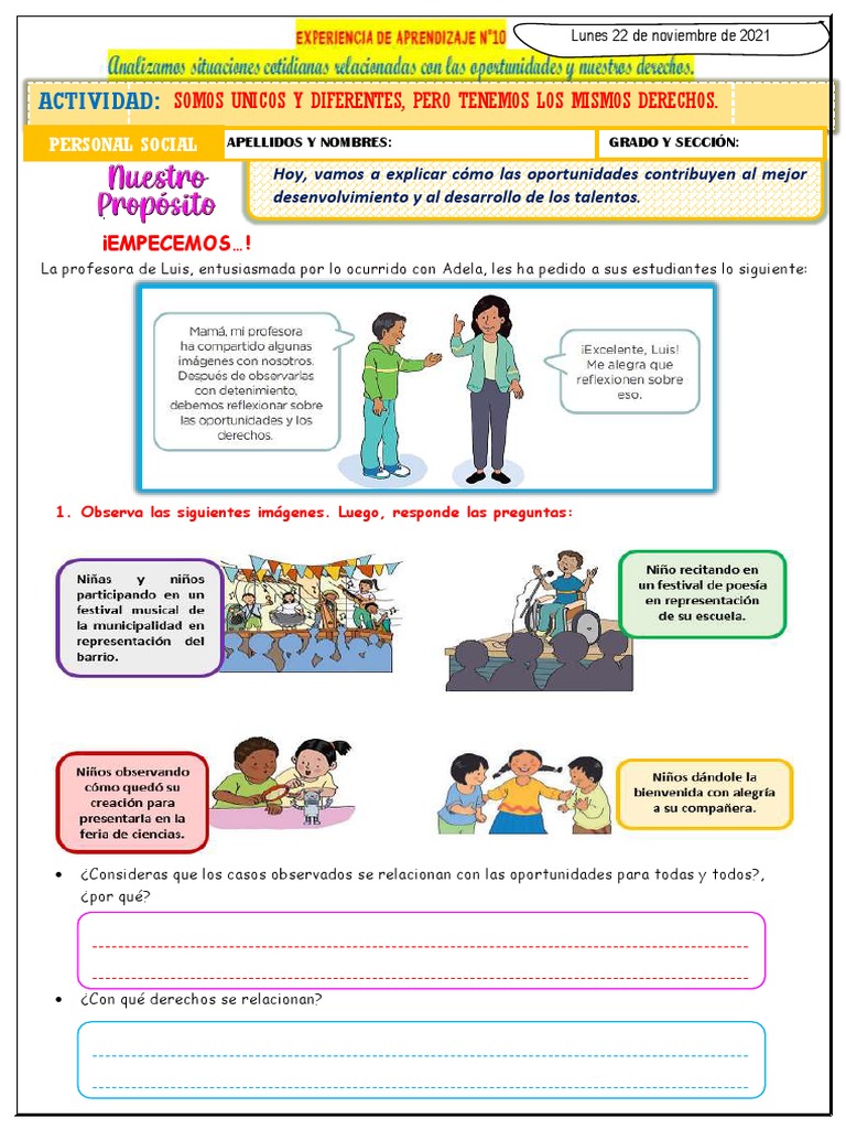Dia 1 Somos Unicos y Diferentes, Pero Tenemos Los Mismos Derechos ...
