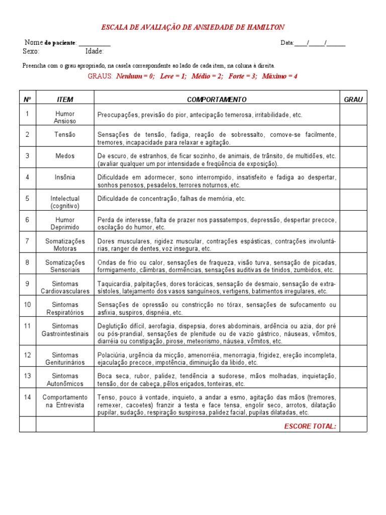 Escala Hamilton de Ansiedade - 14 Itens | PDF | Depressão | Doenças e ...