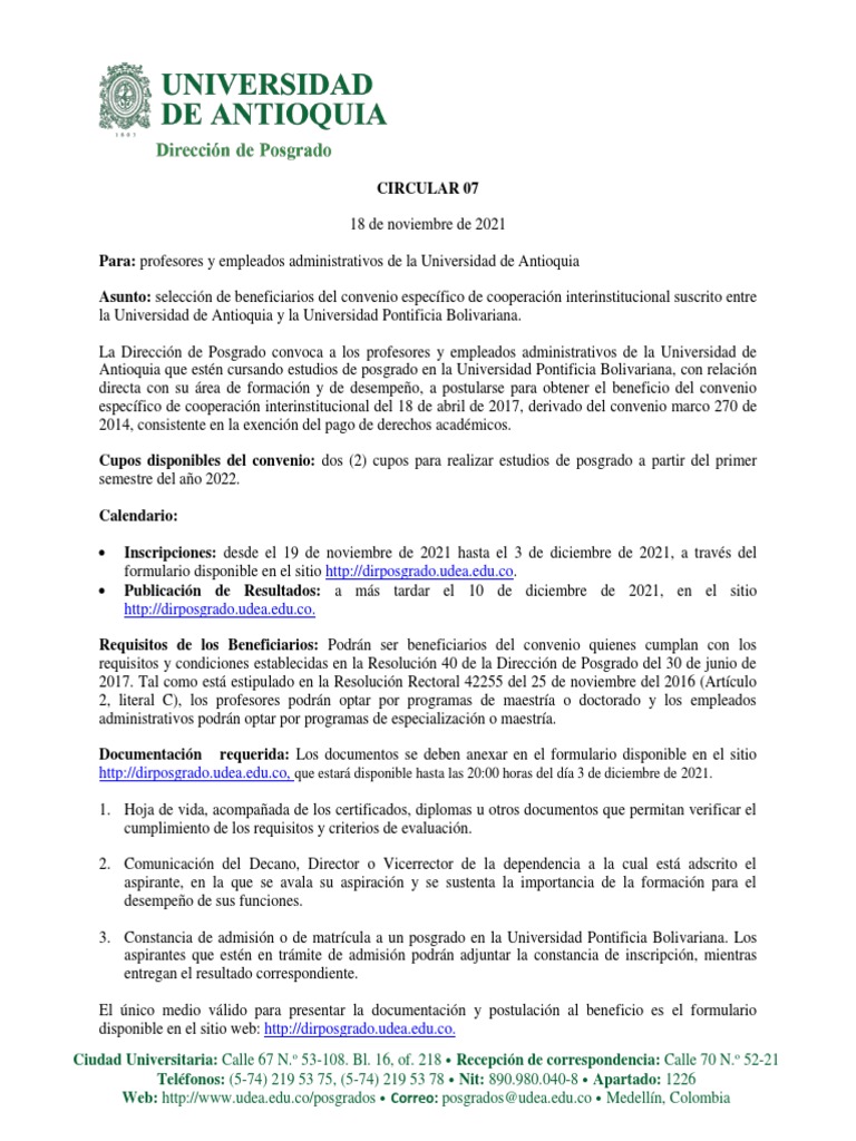 Circular 07 de 2021 - Cupos para 2022 UPB | PDF