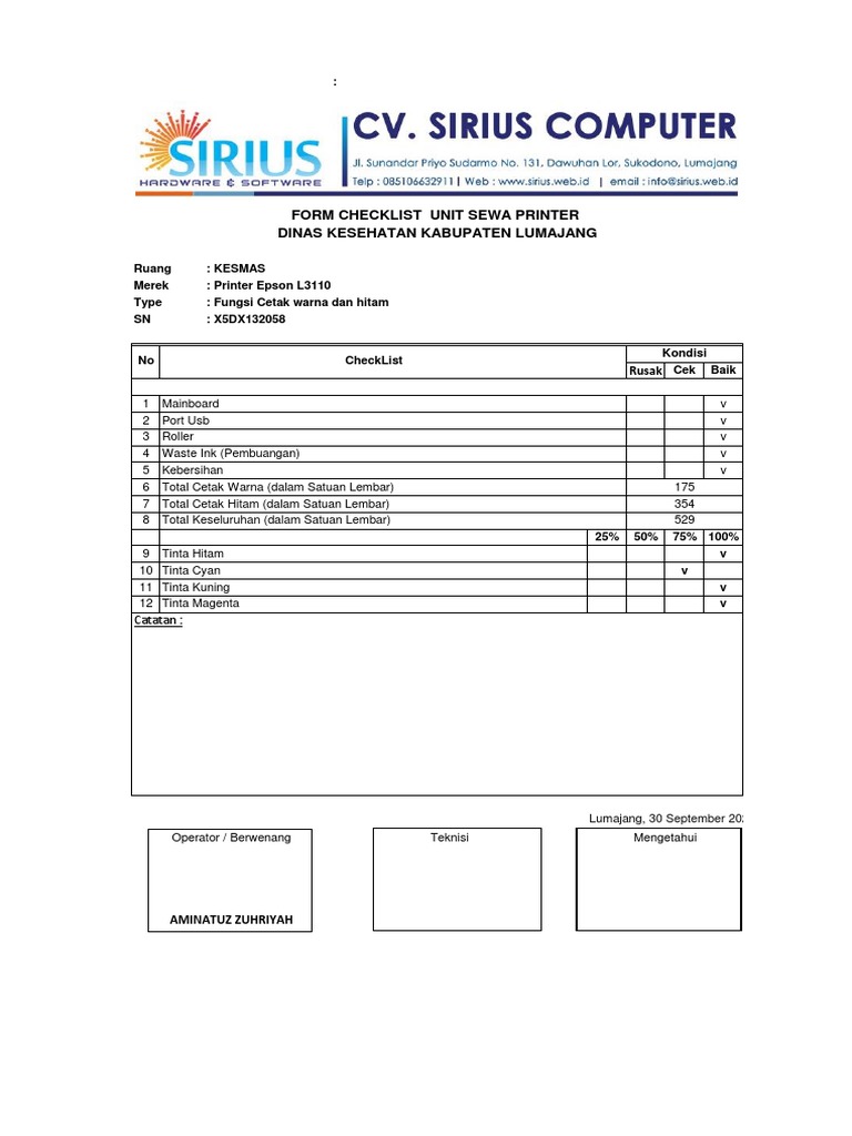Form Checklist Unit Sewa Printer Dinas Kesehatan Kabupaten Lumajang | PDF