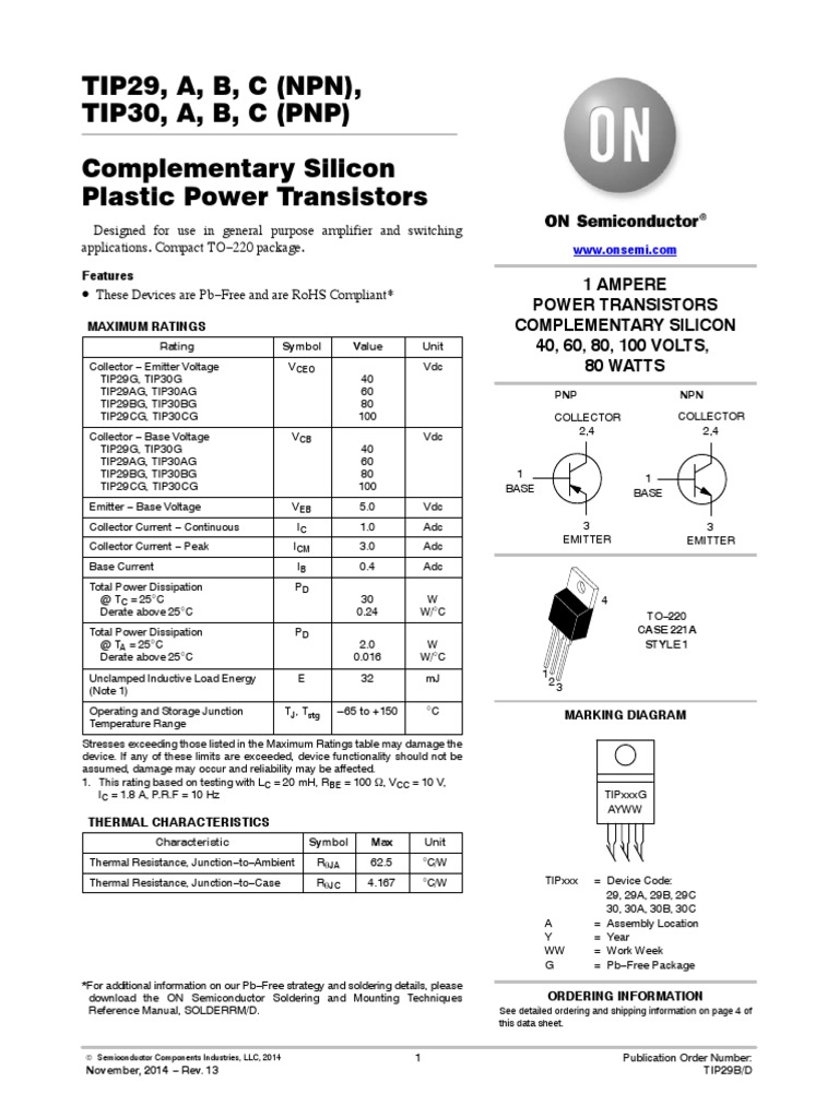 TIP29, A, B, C (NPN), TIP30, A, B, C (PNP) Complementary Silicon ...