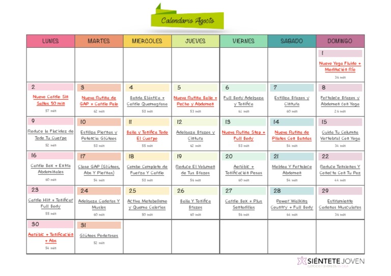Calendario de actividades físicas y fitness para la semana | PDF ...