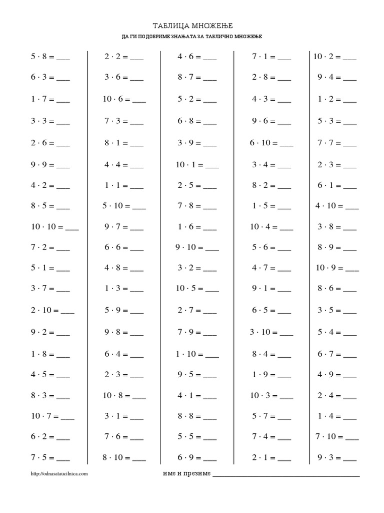 Tablicno Mnozenje Do 100 | PDF