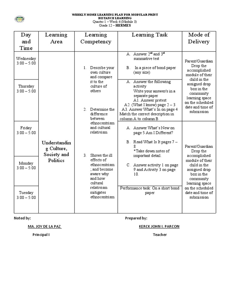 Weekly Home Learning Plan Week 4 | PDF