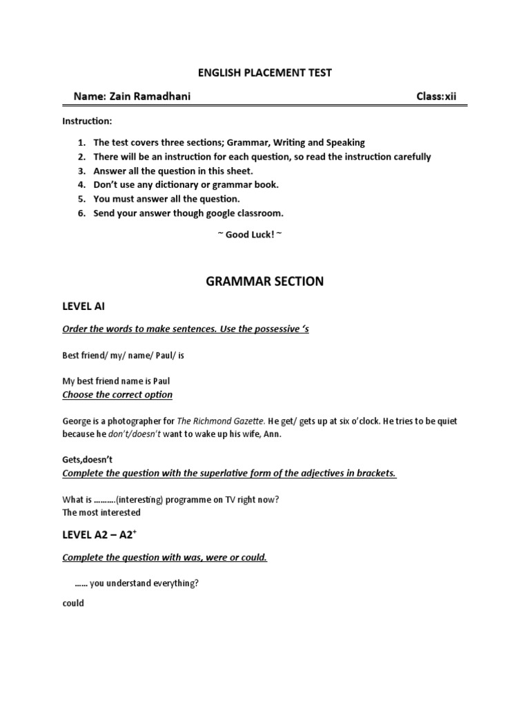 English Placement Test | PDF | Adolescence | Essays