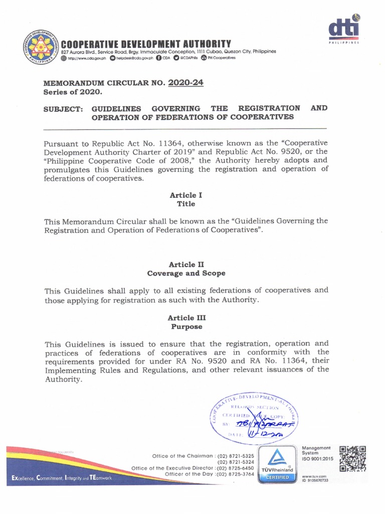 CDA Memorandum Circular No 2020 24 Series of 2020 | PDF