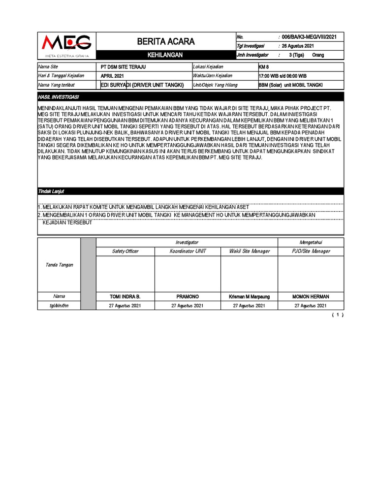 Ba Ivestigasi Kehilangan BBM Surya | PDF