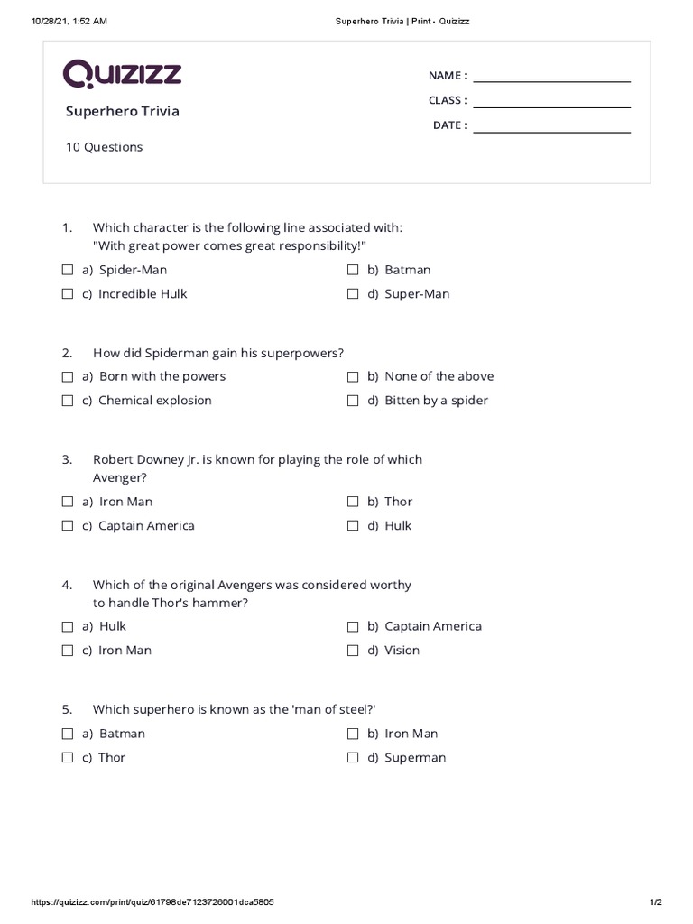 Superhero Trivia Quizizz PDF | PDF | Superheroes | Marvel Entertainment