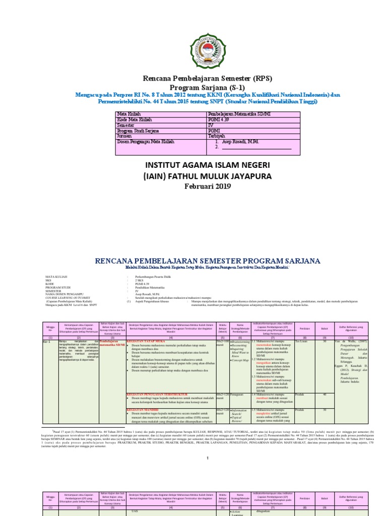 RPS Pembelajaran Matematika SDMI | PDF