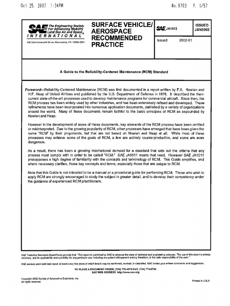 SAE JA 1012 - A Guide To The RCM Standard - 2002 | PDF