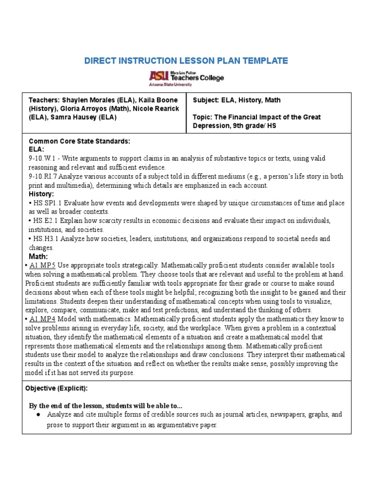 Direct Instruction Lesson Plan Template: Math | PDF | Mathematics ...