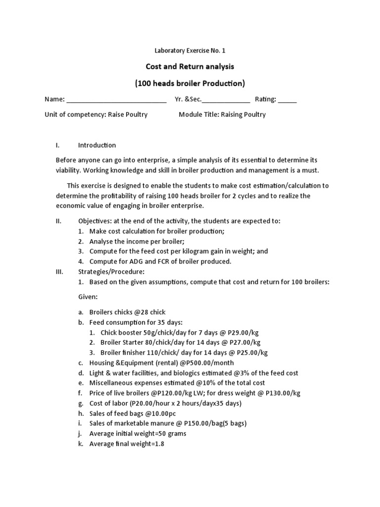 Bat As 1 Laboratory Exercise No 1 | PDF | Broiler | Business Economics