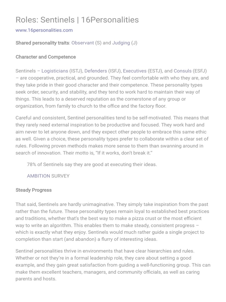 Roles - Sentinels - 16personalities | PDF | Personality Type | Human Nature