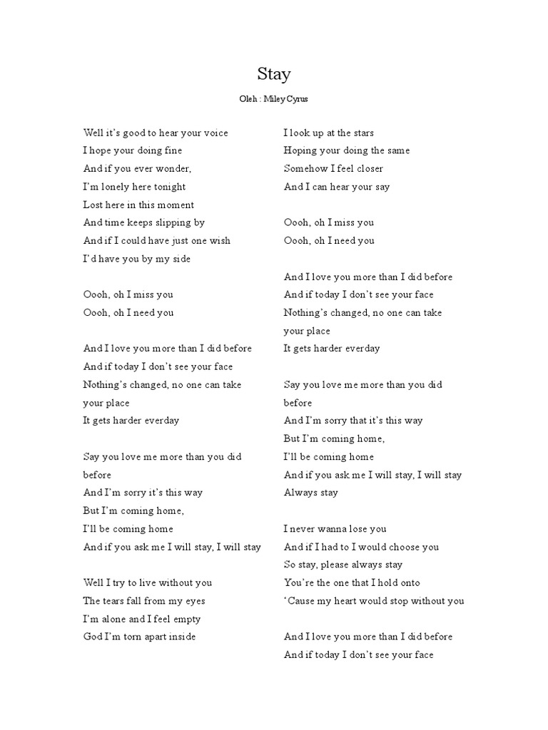 Stay": A Song Lyrics Document Featuring the Full Lyrics to Miley Cyrus ...