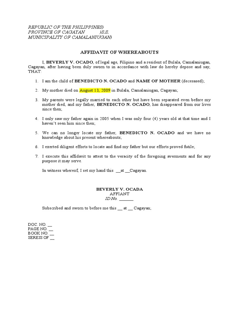 Affidavit of Whereabouts | PDF