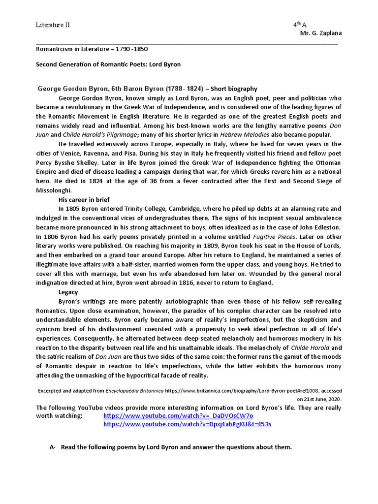 Second Generation of Romantic Poets: Lord Byron | PDF | Lord Byron