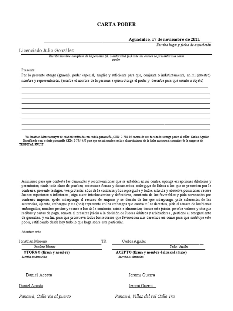 Carta Poder para Autorizacion Legal Del Representante | PDF | Panamá ...