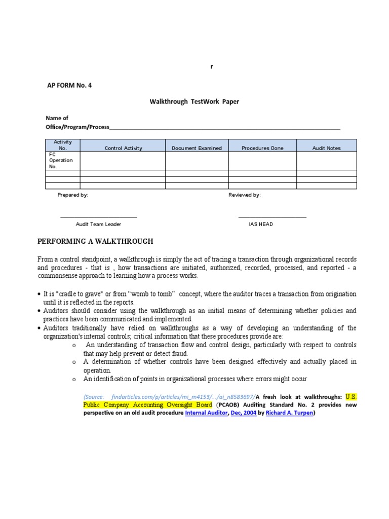 AP Form No. 4 Walkthrough Test Work Paper | PDF