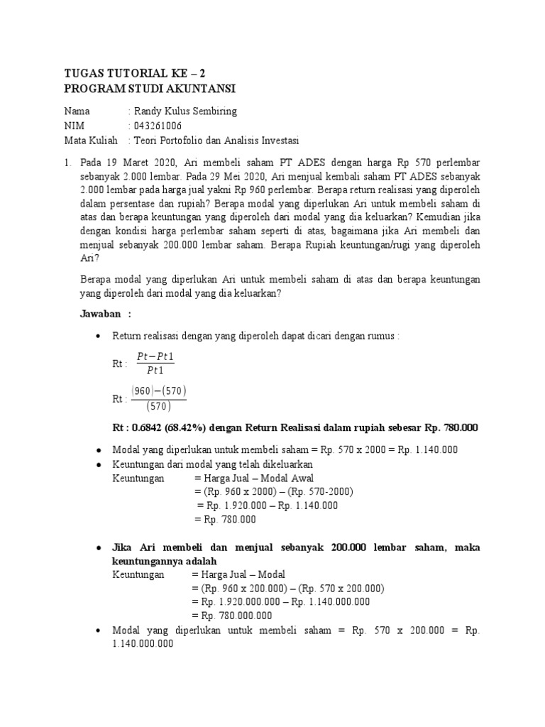 Tugas 2 Teori Portofolio Dan Analisis Investasi - Randy Kulus Sembiring - 043261006 | PDF ...